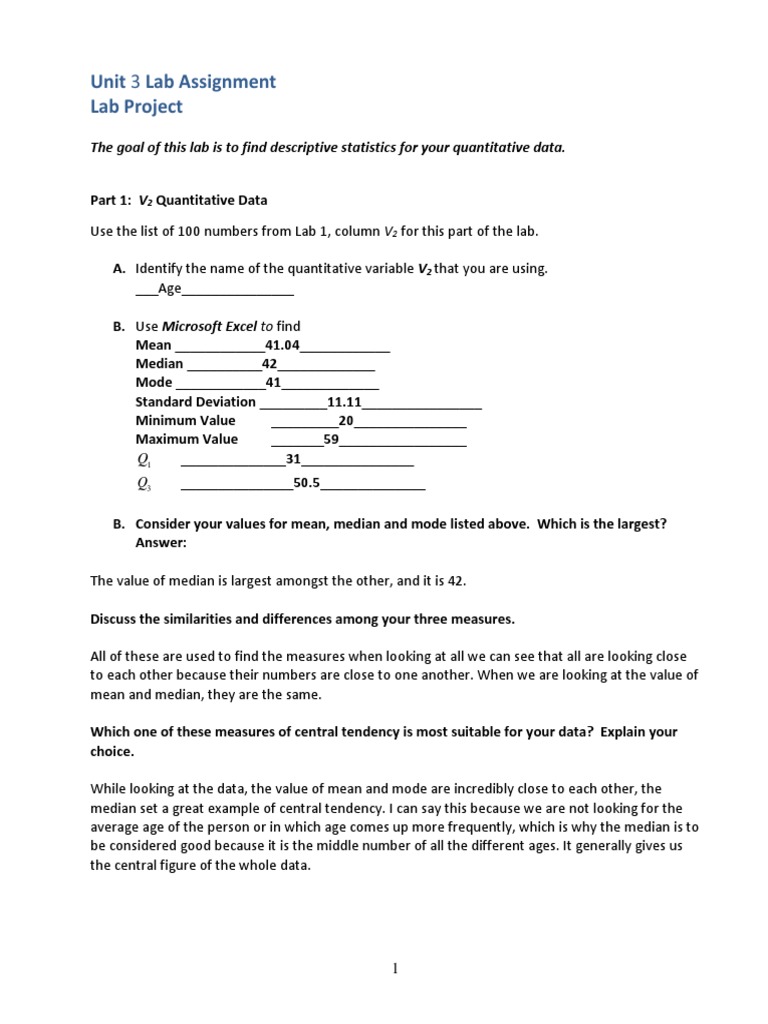 Unit 3 Lab Assignment Instructions Revised | PDF | Median | Mean