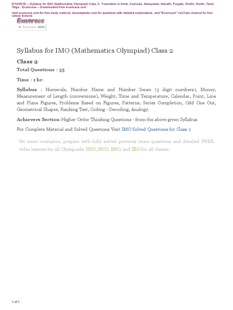 IMO Class 2 Maths Syllabus Overview | PDF