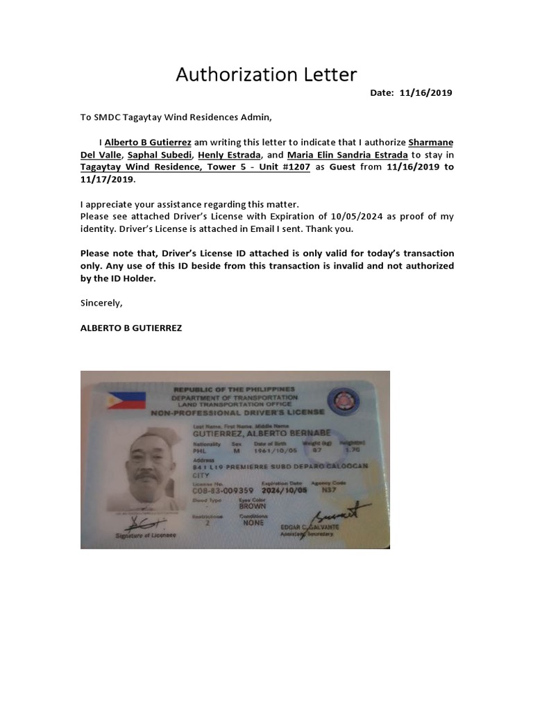 Authorization Letter For Henly Estrada PDF | PDF | Document | Driving