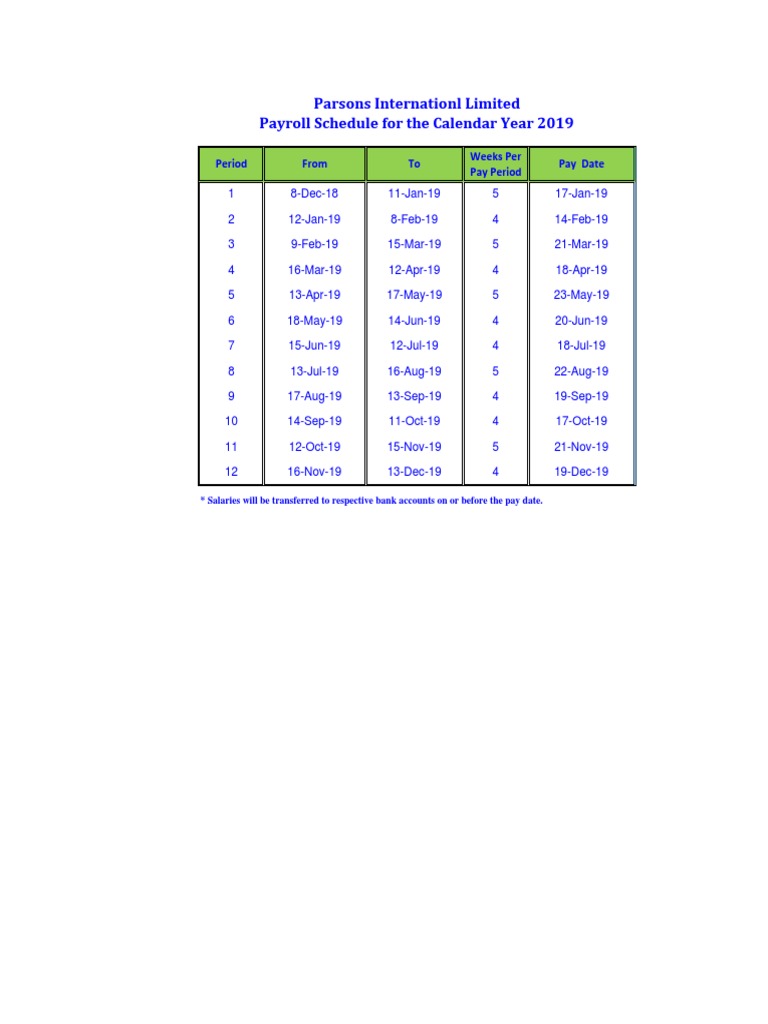 2019 Payroll Calendar PDF | PDF | Employment Compensation | Payments