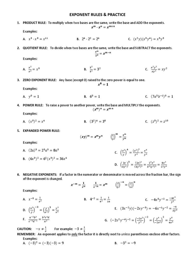 Exponent Rules Practice Worksheet Pdf