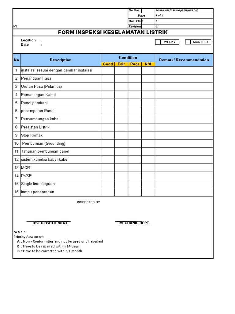Form Inspeksi Keselamatan Listrik: No Description Condition Remark ...