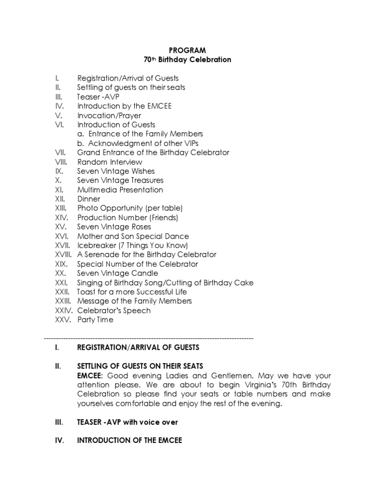 70th Bday Program Script | PDF | Birthdays