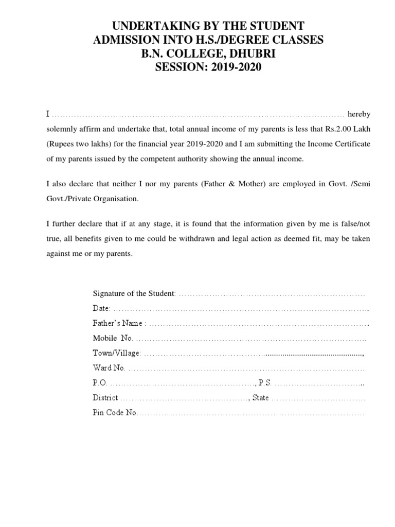 Undertaking by The Student Admission Into H.S./Degree Classes B.N. College, Dhubri SESSION: 2019 ...