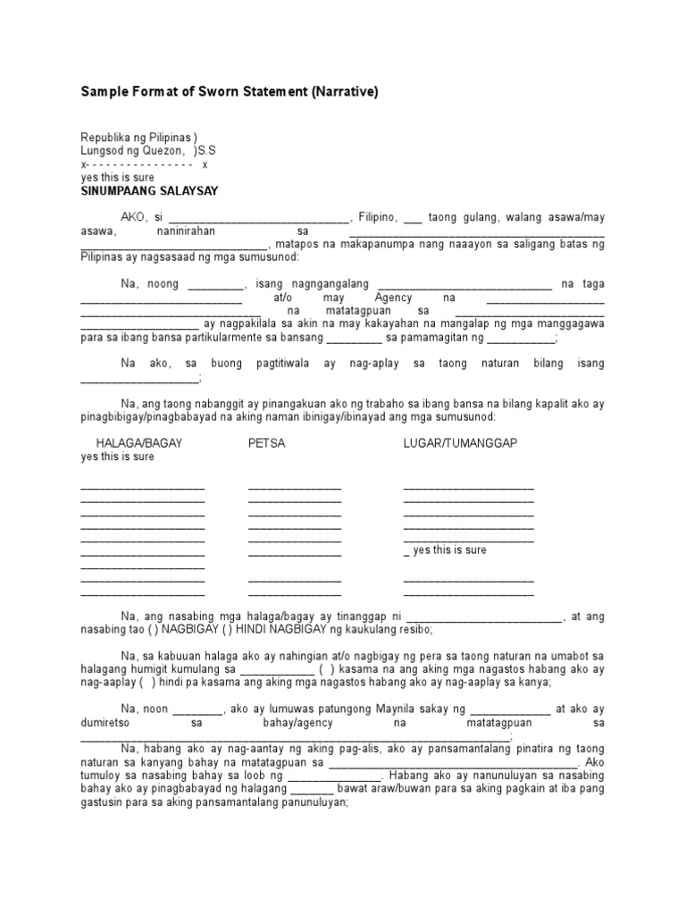 Sample Format of Sworn Statement (Narrative) | PDF