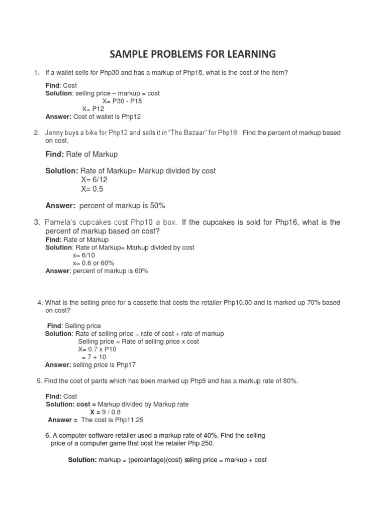 Solving Problems Involving Markup and Markdown Rates: A Collection of ...