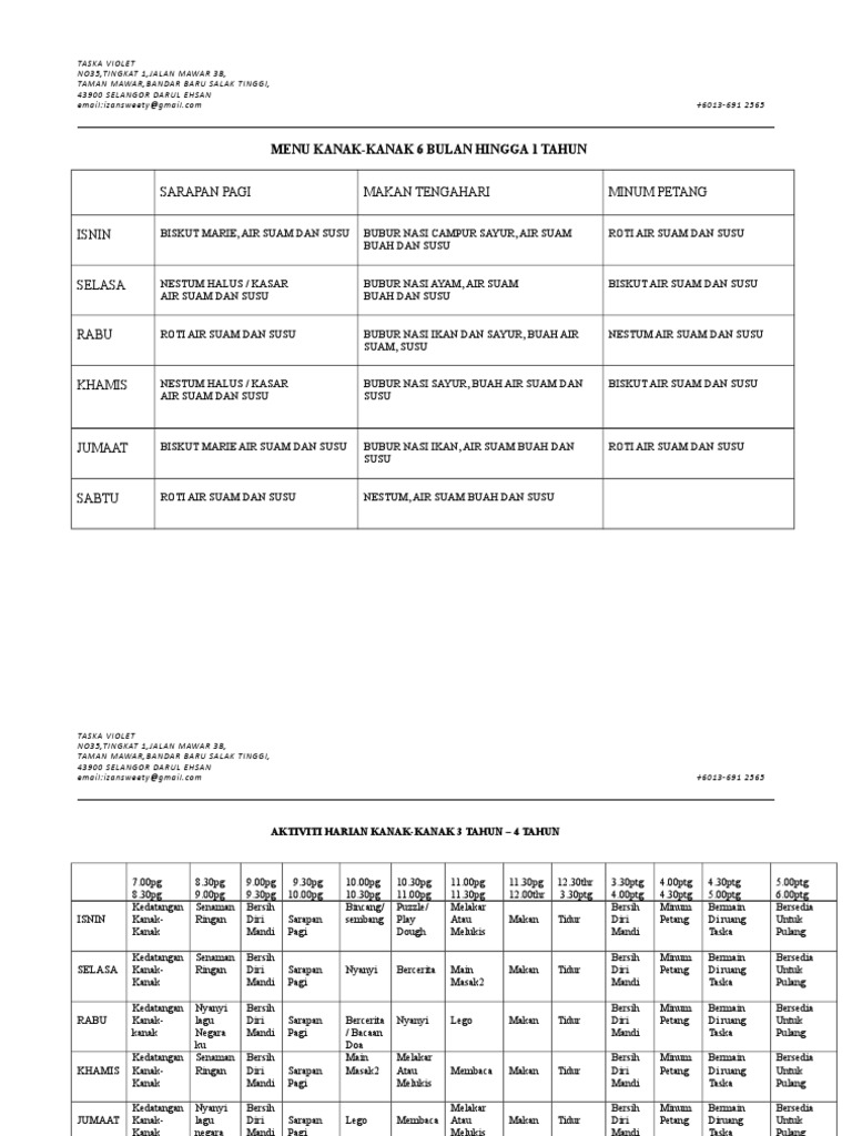 Menu Makanan Harian Taska | PDF | Memasak, Makanan, & Anggur