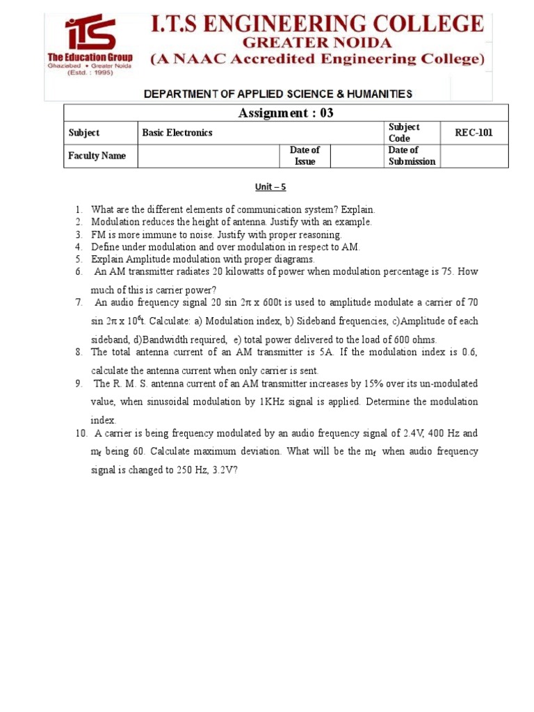 Assignment: 03: Subject Basic Electronics Subject Code REC-101 Faculty ...