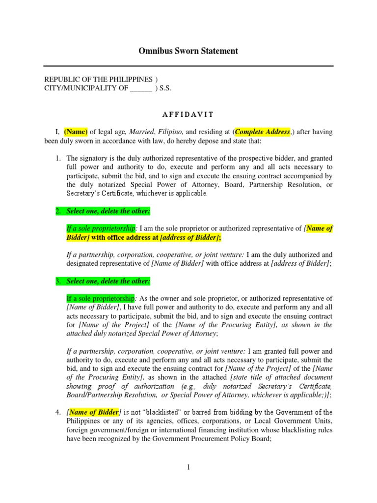 Omnibus Sworn Statement | PDF | Sole Proprietorship | Notary Public