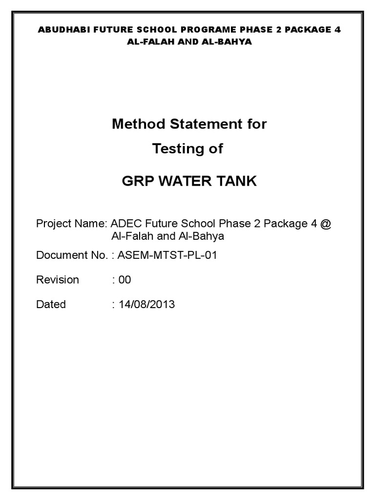 GRP Water Tank Testing Method Statement | PDF | Personal Protective ...