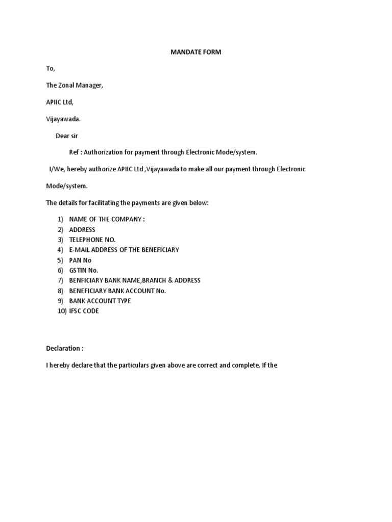 MANDATE FORM For Apiic | PDF | Banking | Payments