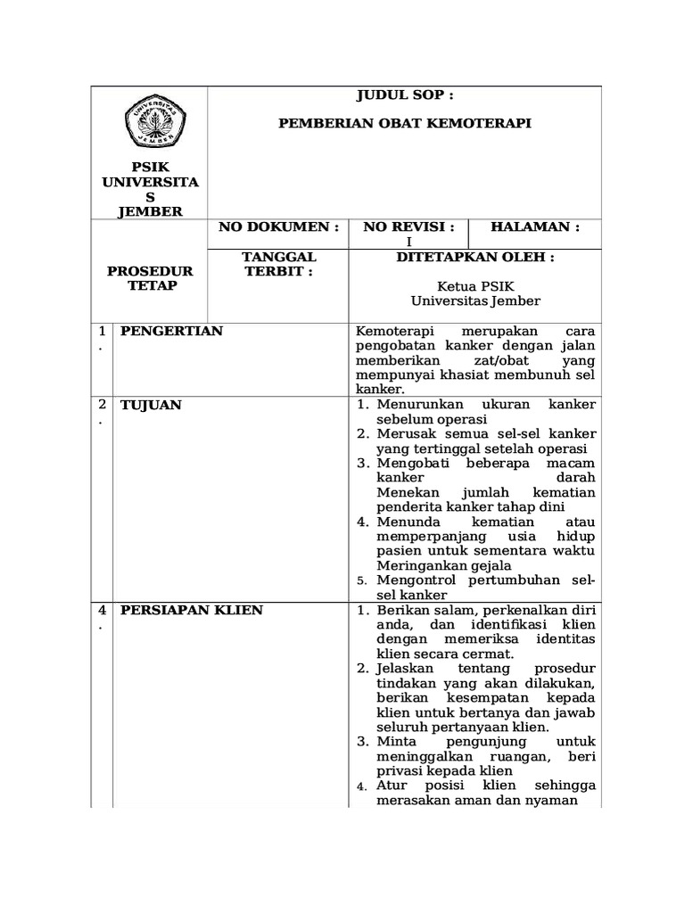 Prosedur Pemberian Obat Kemoterapi | PDF