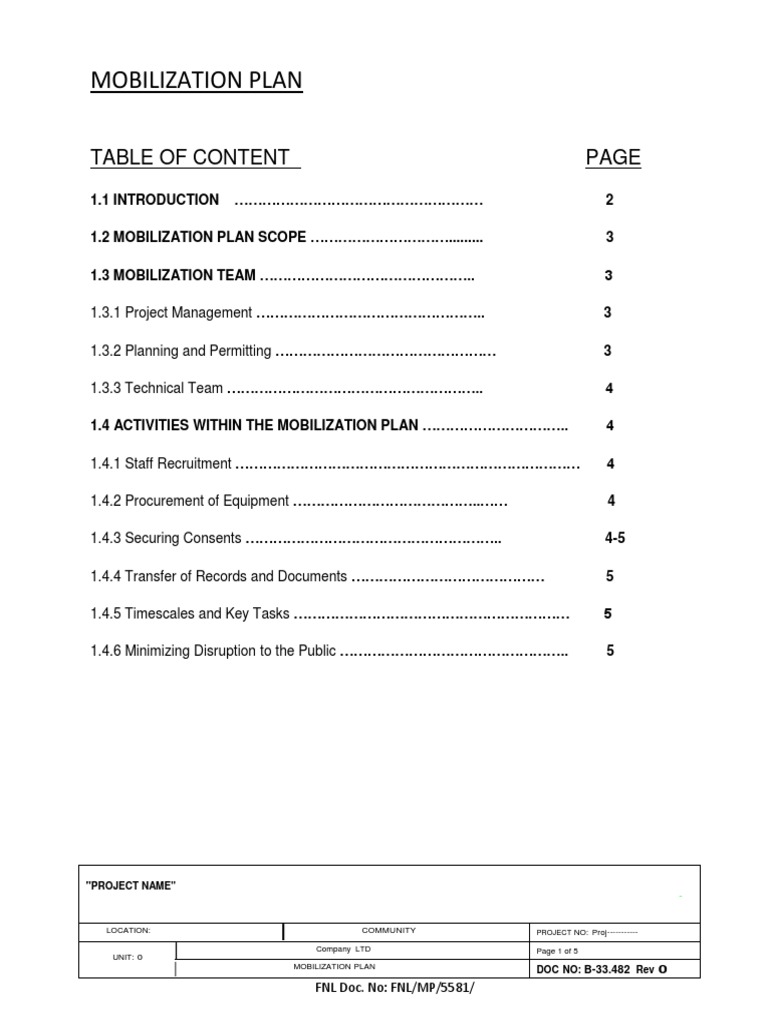 Mobilization Plan: Table Of Content Page | Project Manager | Project ...