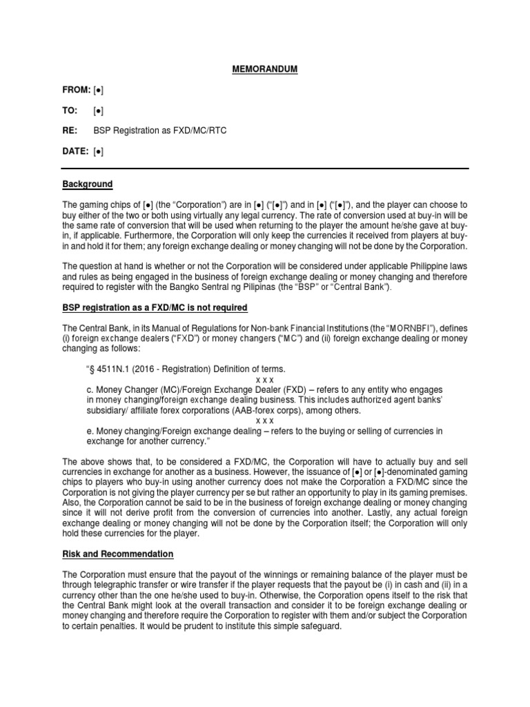 (Redacted) Legal Memo - BSP Registration As FXD-MC-RTC PDF | PDF ...