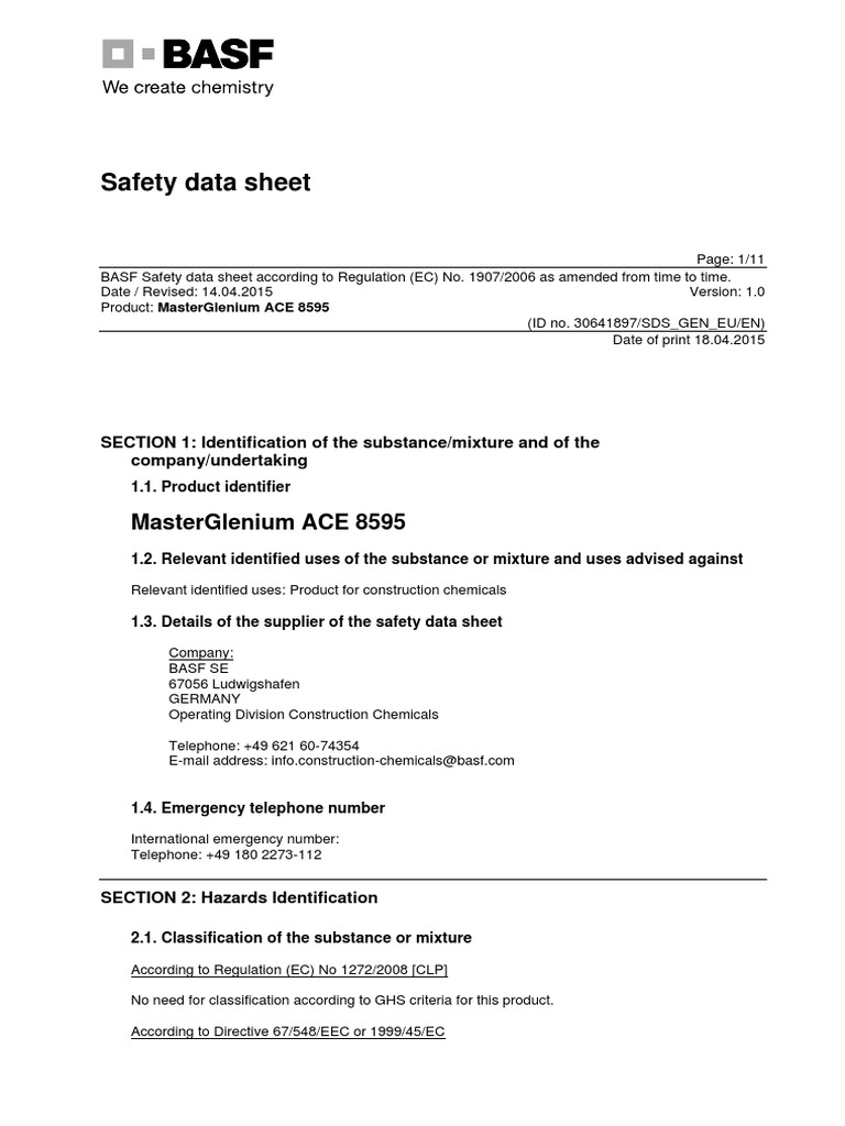 Master Glenium ACE 8595 TDS | PDF | Toxicity | Dangerous Goods