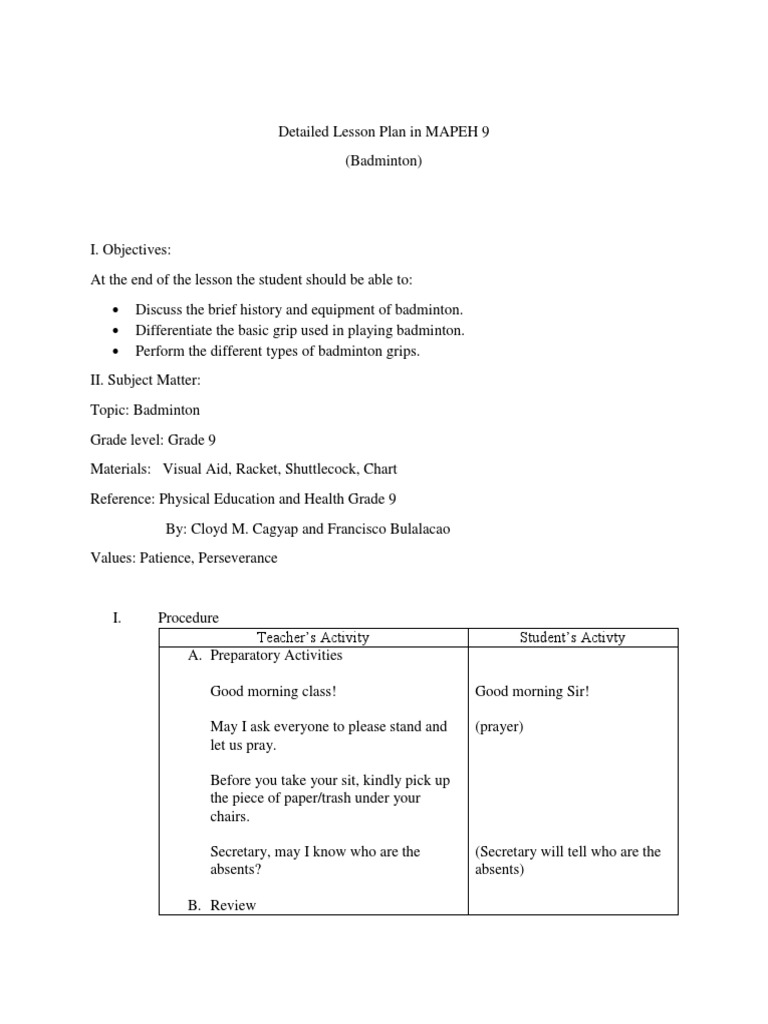 Detailed Lesson Plan in MAPEH 9 BADMINTON | PDF | Athletic Sports ...