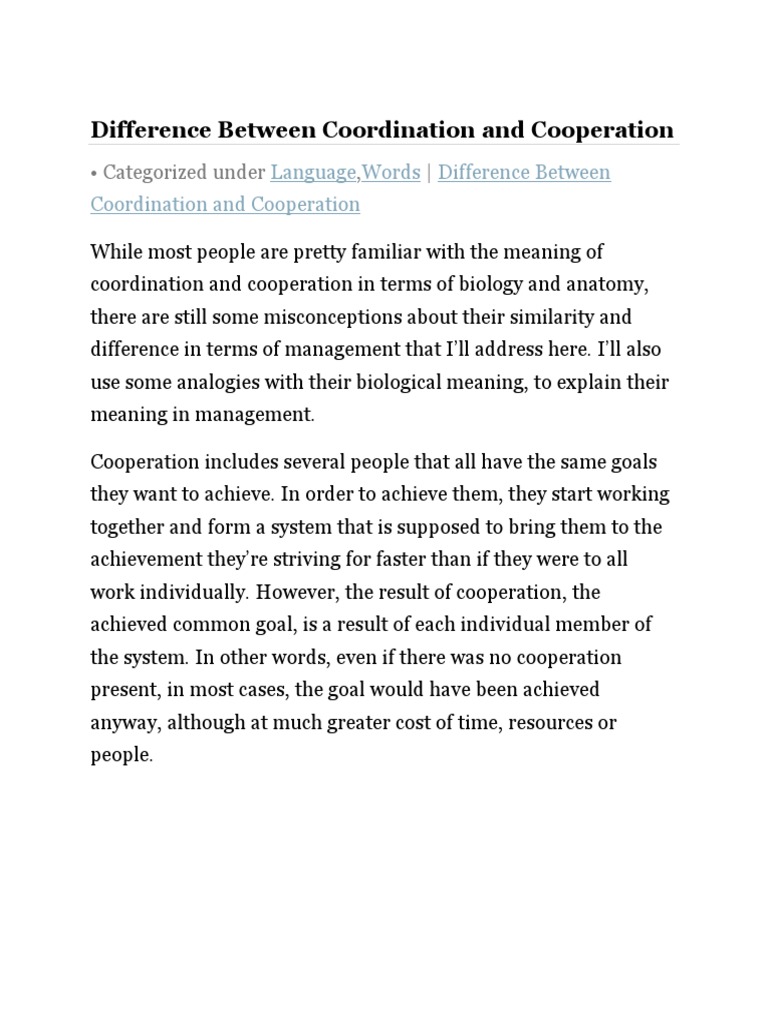 Difference Between Coordination and Cooperation | PDF | Motor Coordination | Competition