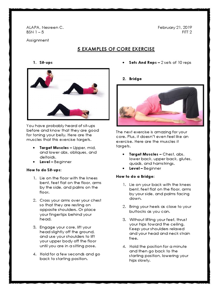 5 Examples of Core Exercise: 1. Sit-Ups Sets and Reps - 2 Sets of 10 ...