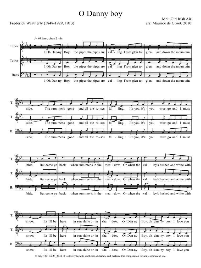 O Danny Boy: Mel: Old Irish Air Arr: Maurice de Groot, 2010 Frederick ...
