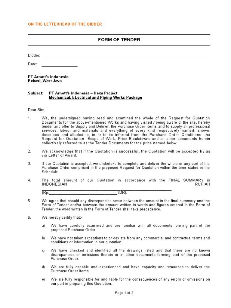Form of Tender (Draft) | PDF | Indonesian Rupiah | Virtue