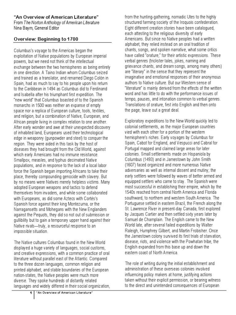 An Overview of American Literature PDF | PDF | European Colonization Of ...