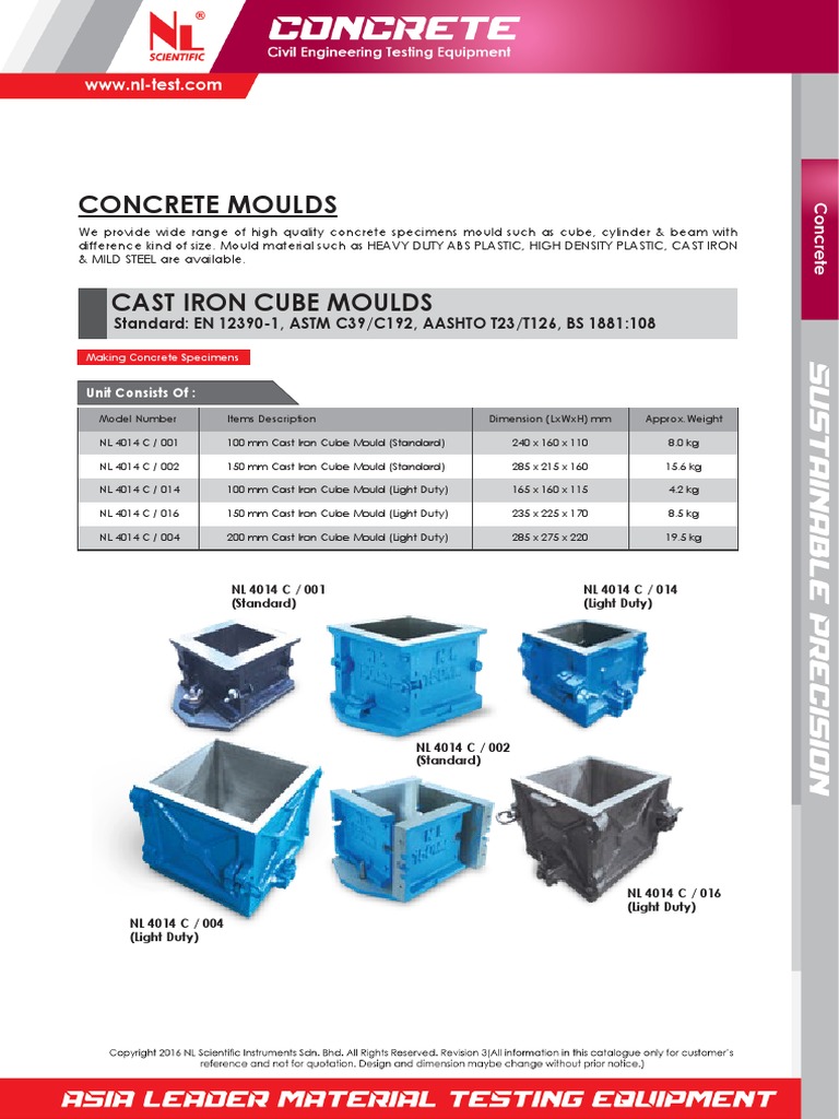 Concrete Moulds: Standard: EN 12390-1, ASTM C39/C192, AASHTO T23/T126, BS 1881:108 | PDF