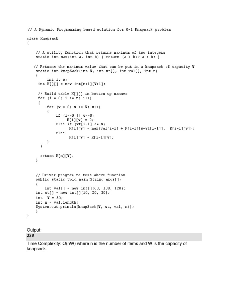 A Dynamic Programming Based Solution For 0 - 1 Knapsack Problem | PDF | Integer (Computer ...