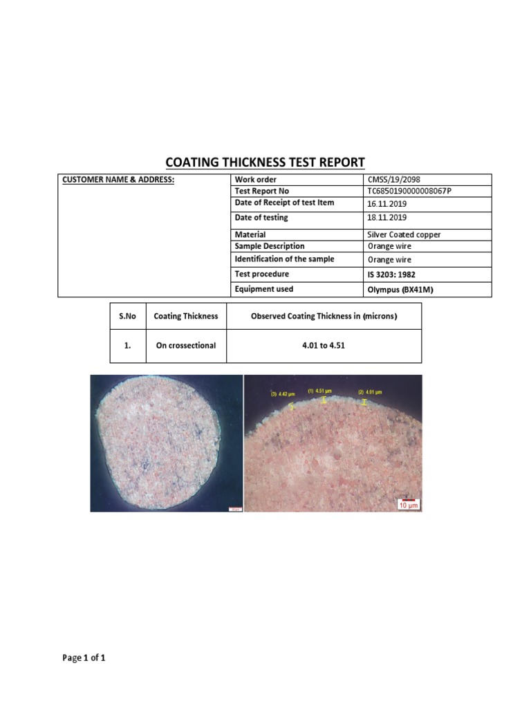 Coating Thickness Test Report: Page 1 of 1 | PDF | Technology & Engineering