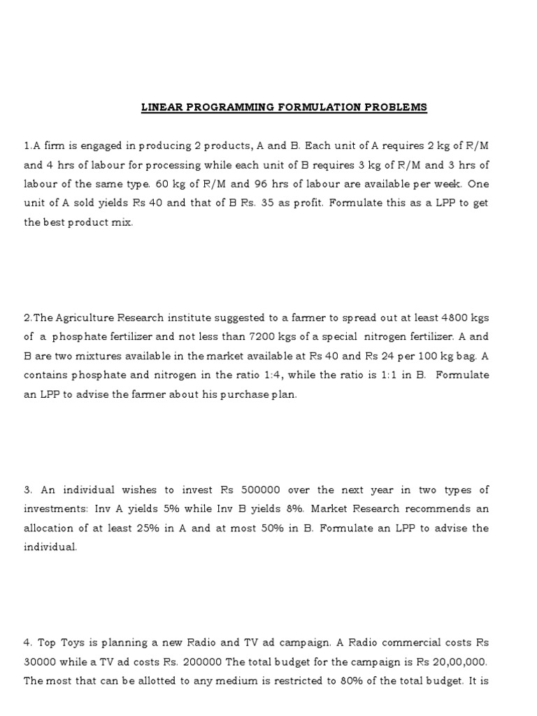 Linear Programming Formulation Problems | PDF | Fertilizer | Agriculture
