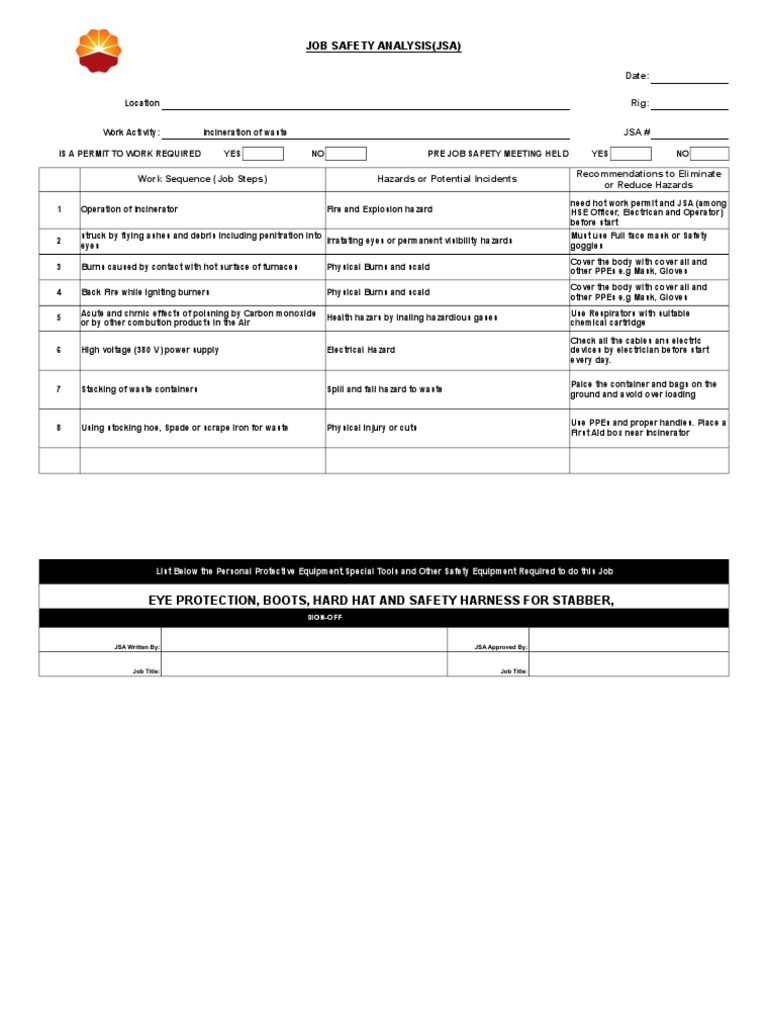 Date: Rig: Jsa #: Job Safety Analysis (Jsa) | PDF | Personal Protective Equipment | Incineration