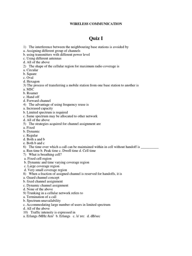 Quiz I: Wireless Communication | PDF