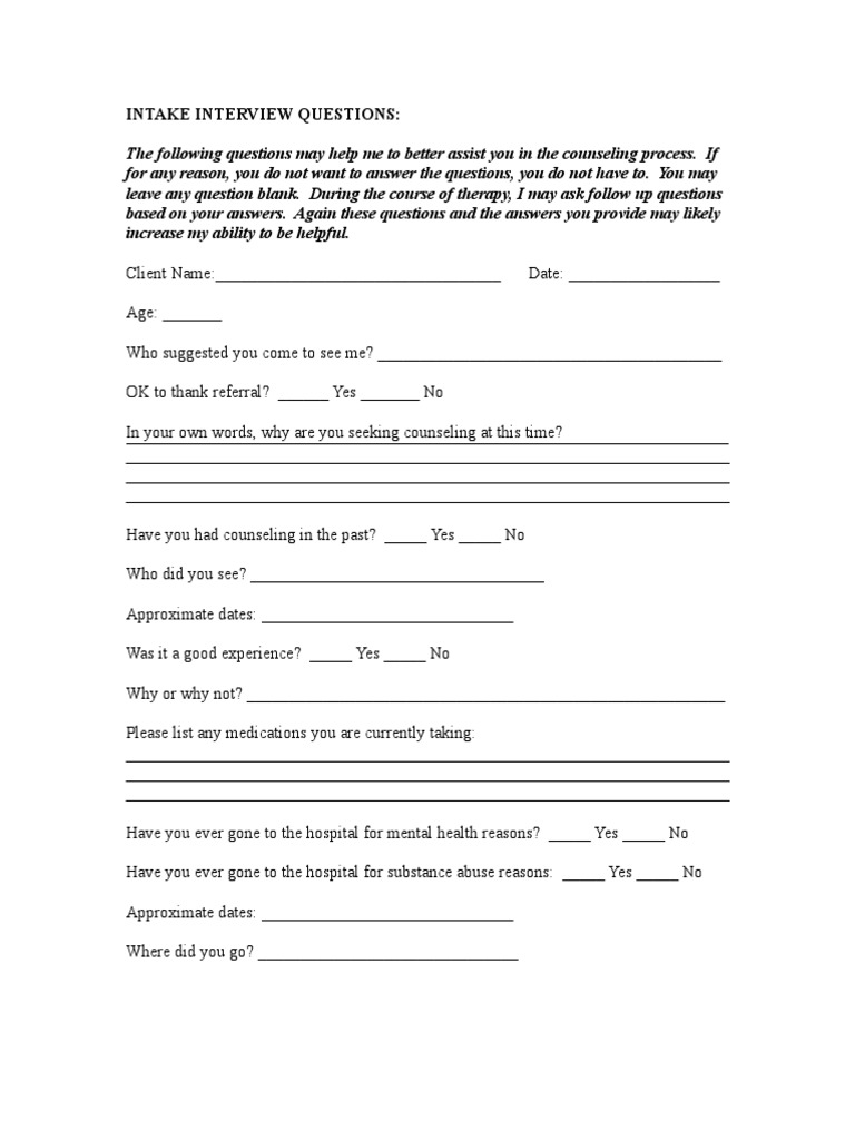 Intake Interview Questions | PDF | Psychotherapy | Mental Health
