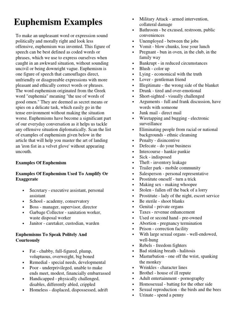Euphemism Examples: Examples of Euphemism Examples of Euphemism Used To ...