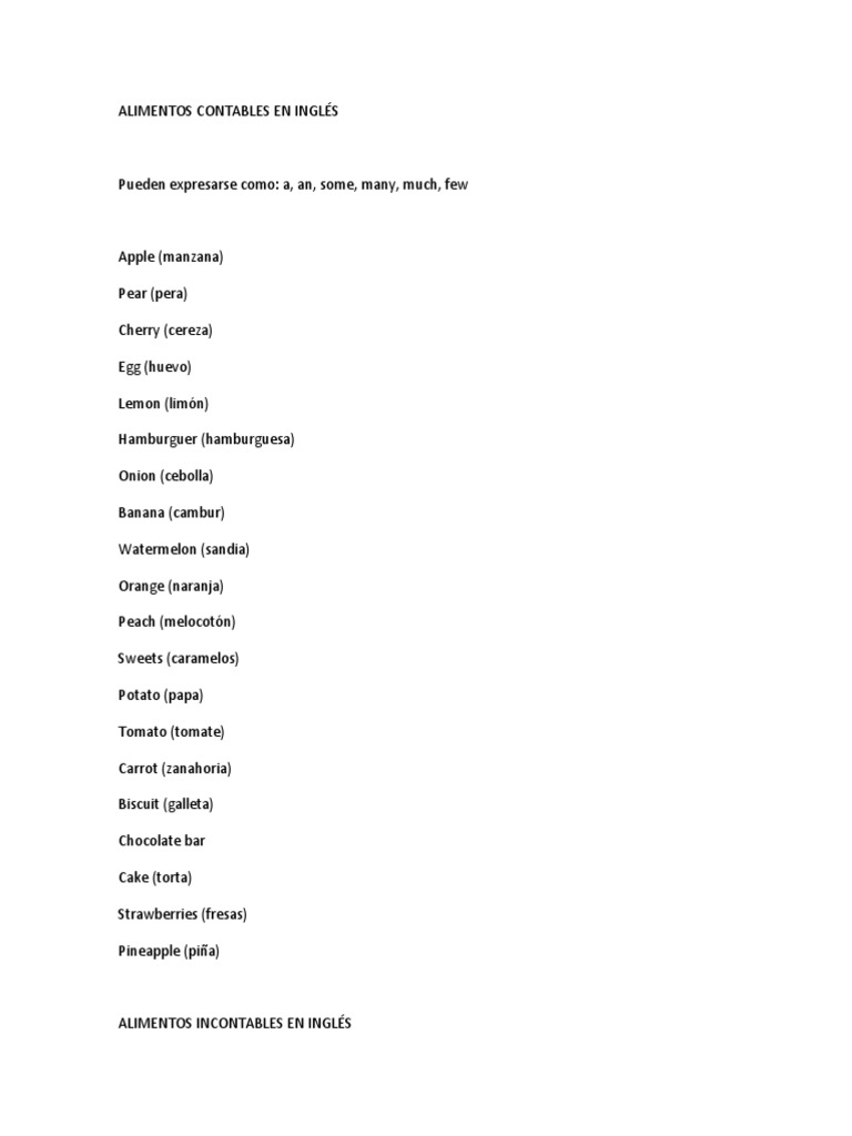 Alimentos Contables e Incontables en Inglés | PDF