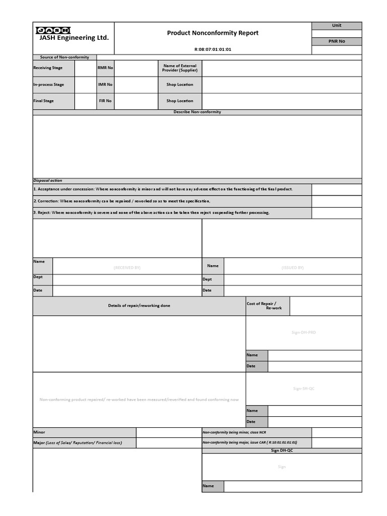 JASH Engineering LTD.: Product Nonconformity Report | Download Free PDF ...