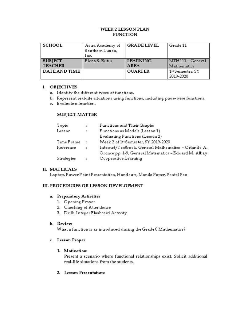 Lesson Plan 1 in General Mathematics | PDF | Function (Mathematics ...