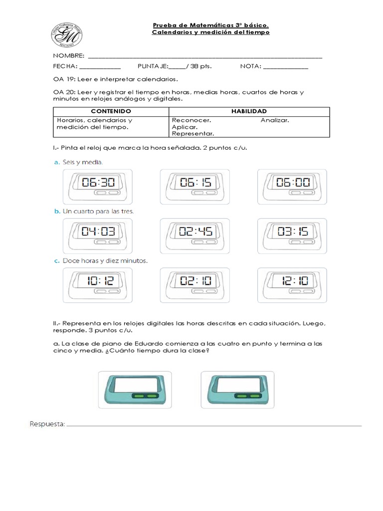 Prueba de Reloj y Calendario 3º Básico | PDF | Calendario | Reloj