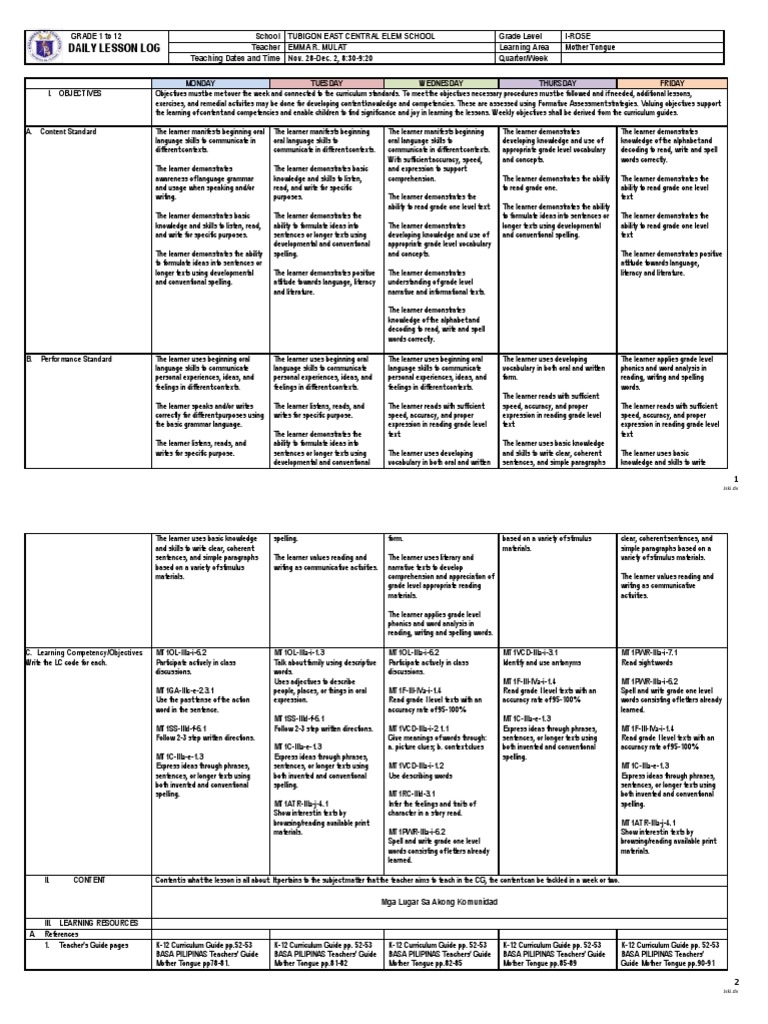 Grade 1 DLL MTB q3 Week 5 | PDF | Vocabulary | Phonics