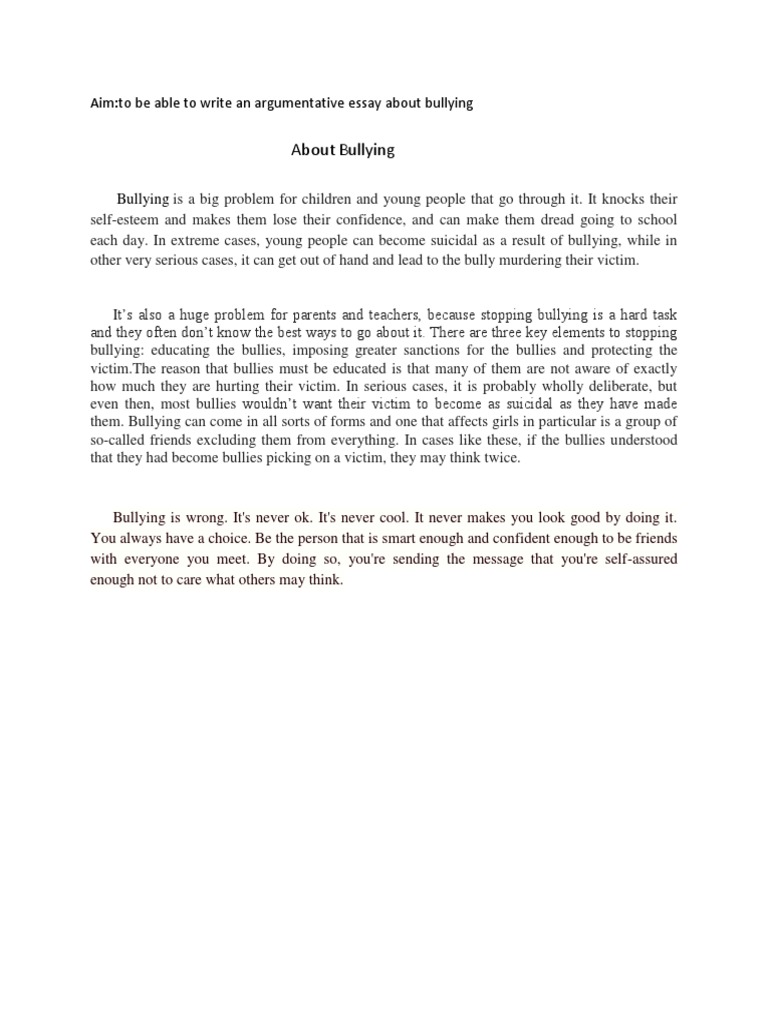 About Bullying: Aim:to Be Able To Write An Argumentative Essay About ...