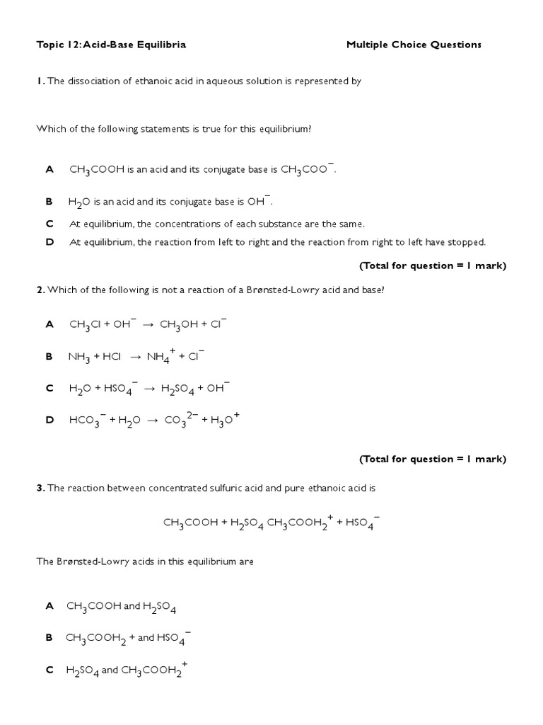 Topic 12 - Acid-Base Equilibria MCQs | PDF | Acid | Ph