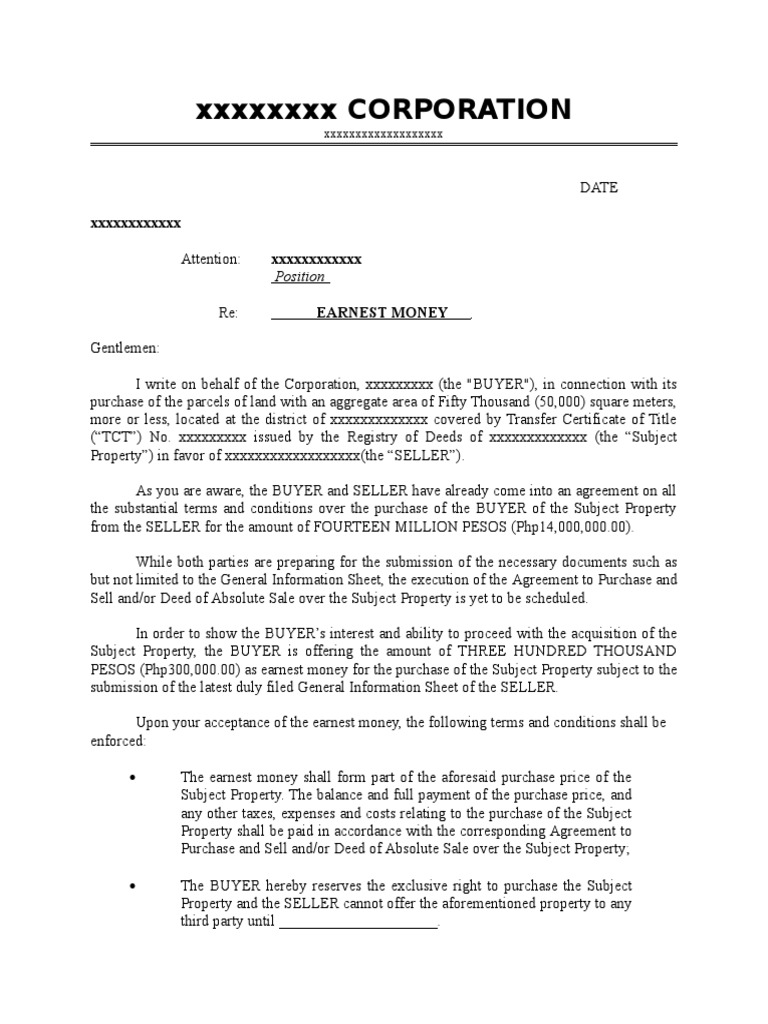 Letter - Offer of Earnest Money | PDF | Deed | Sales