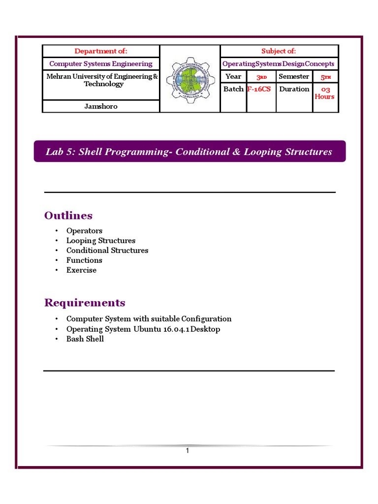 Lab 5: Shell Programming-Conditional & Looping Structures: Outlines | PDF | Control Flow | Areas ...