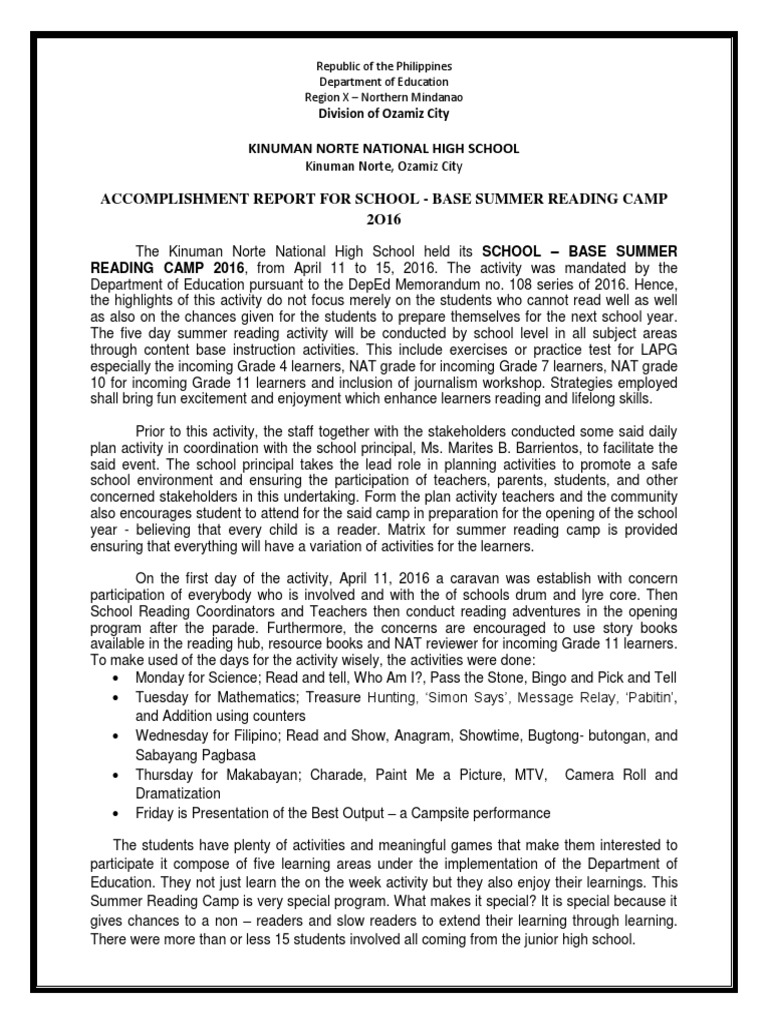 Accomplishment Report Summer Reading Camp 2016 | PDF | Teaching ...