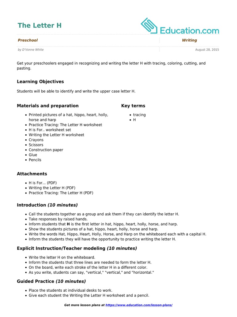 The Letter H: Learning Objectives | PDF | Worksheet | Lesson Plan