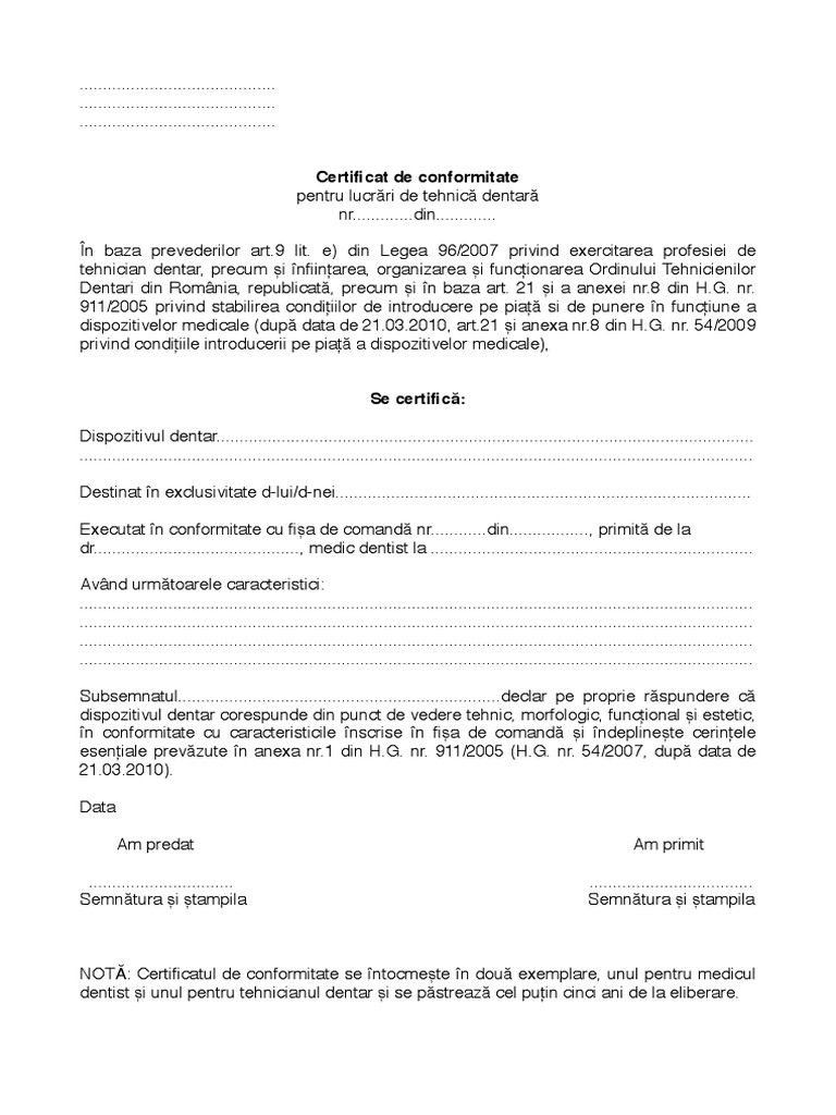 Certificat Conformitate Lucrari Dentare | PDF