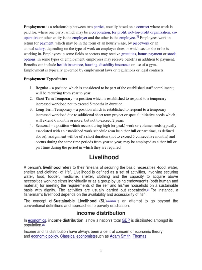 Livelihood: Employment Is A Relationship Between Two | PDF | Quality Of ...