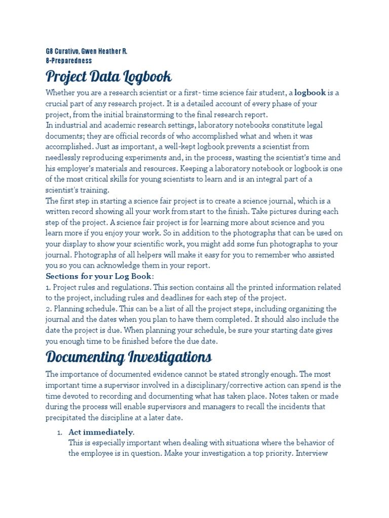 Project Data Logbook: G8 Curativo, Gwen Heather R. 8-Preparedness ...