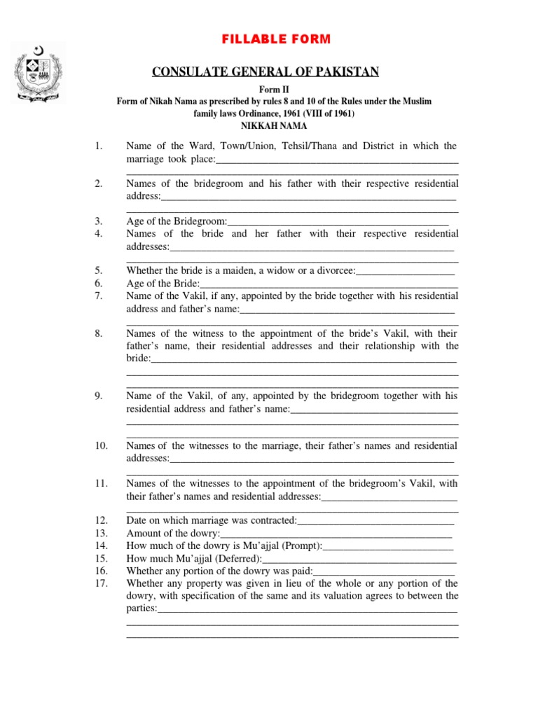 Consulate General of Pakistan: Fillable Form | PDF | Marriage | Living ...