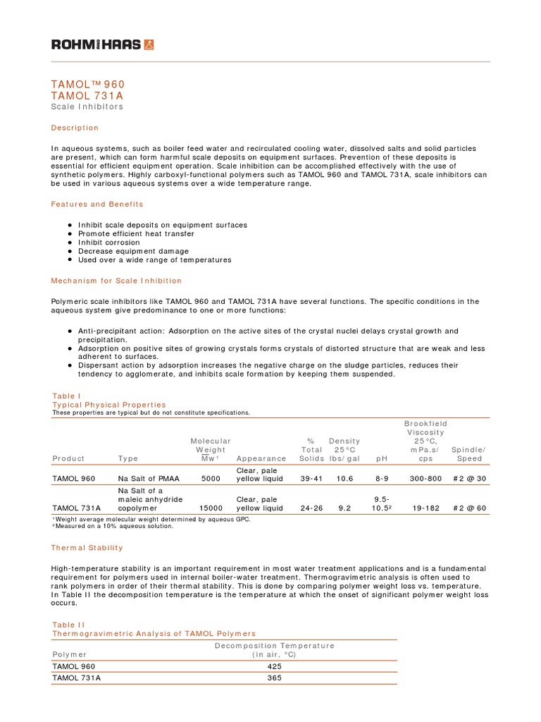 TAMOL™ 960 Tamol 731A: Scale Inhibitors | PDF | Polymers ...