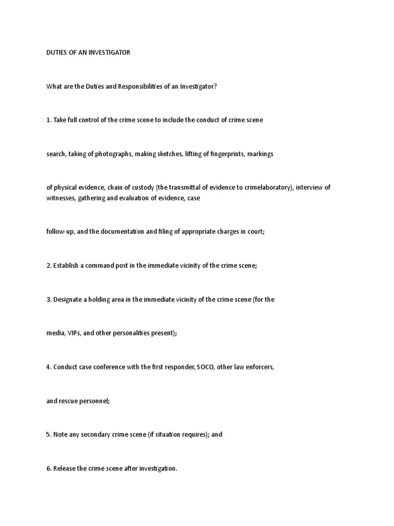 Duties of An Investigator | PDF | Crime Scene | Police